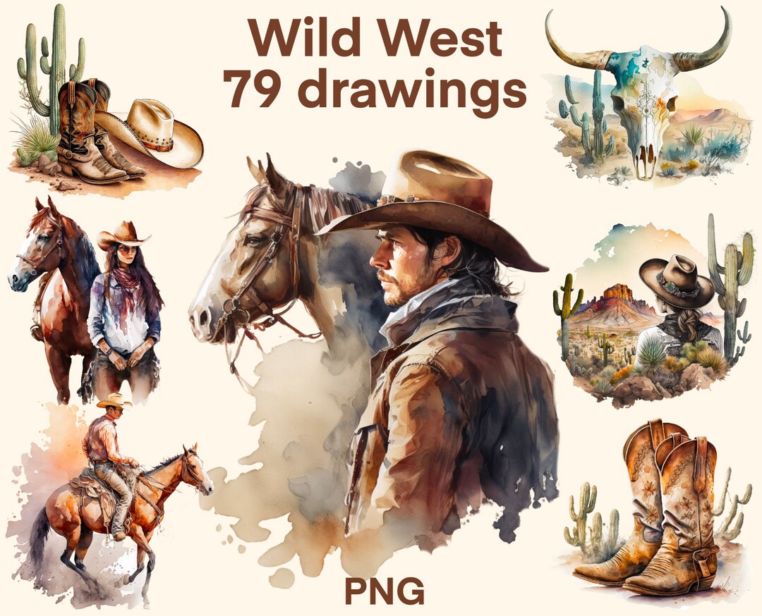 Wild West Clipart Watercolor, Cowboy on a Horse Illustration Set ...