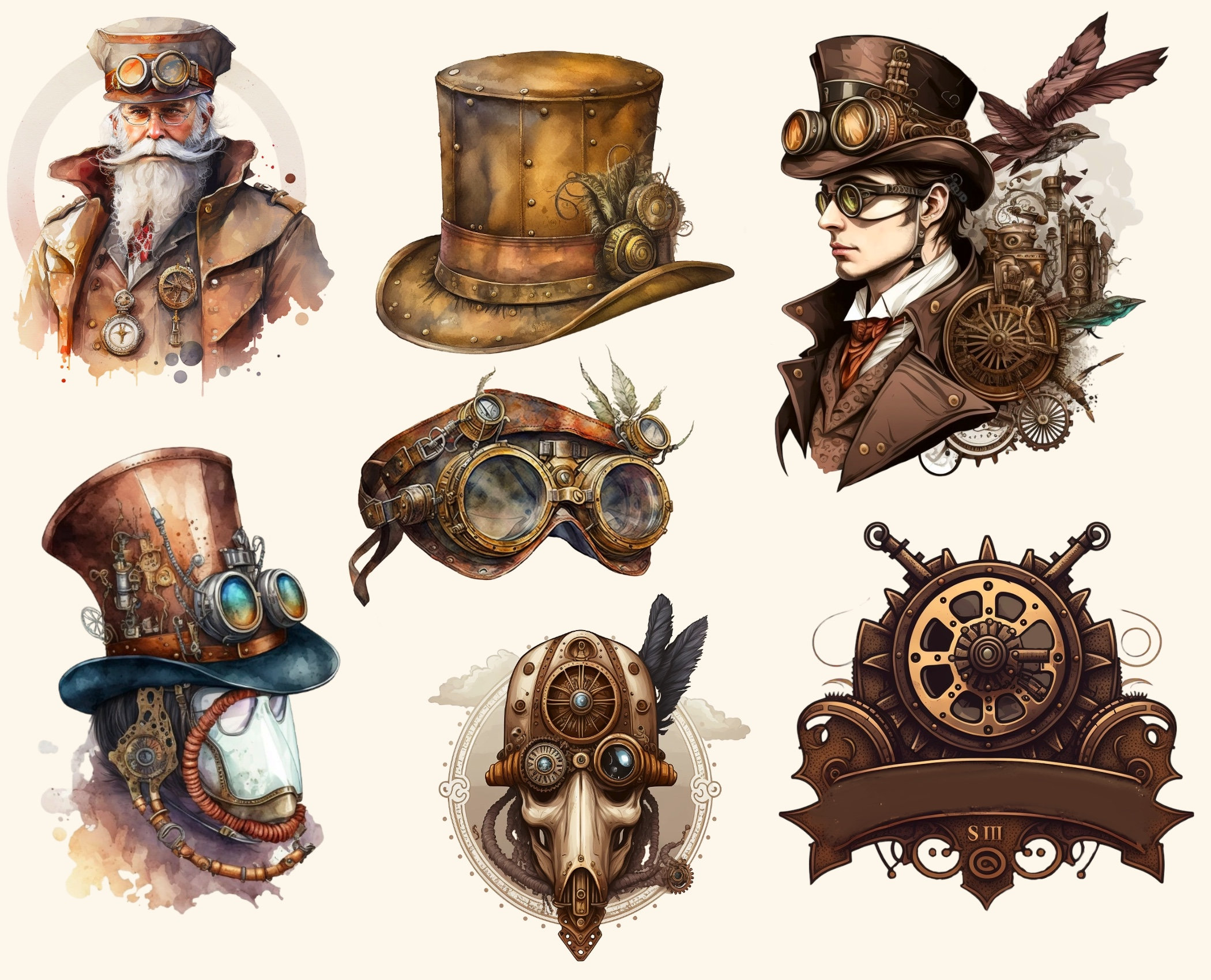 Steampunk Men Clipart Watercolor Png Digital Print - Etsy UK