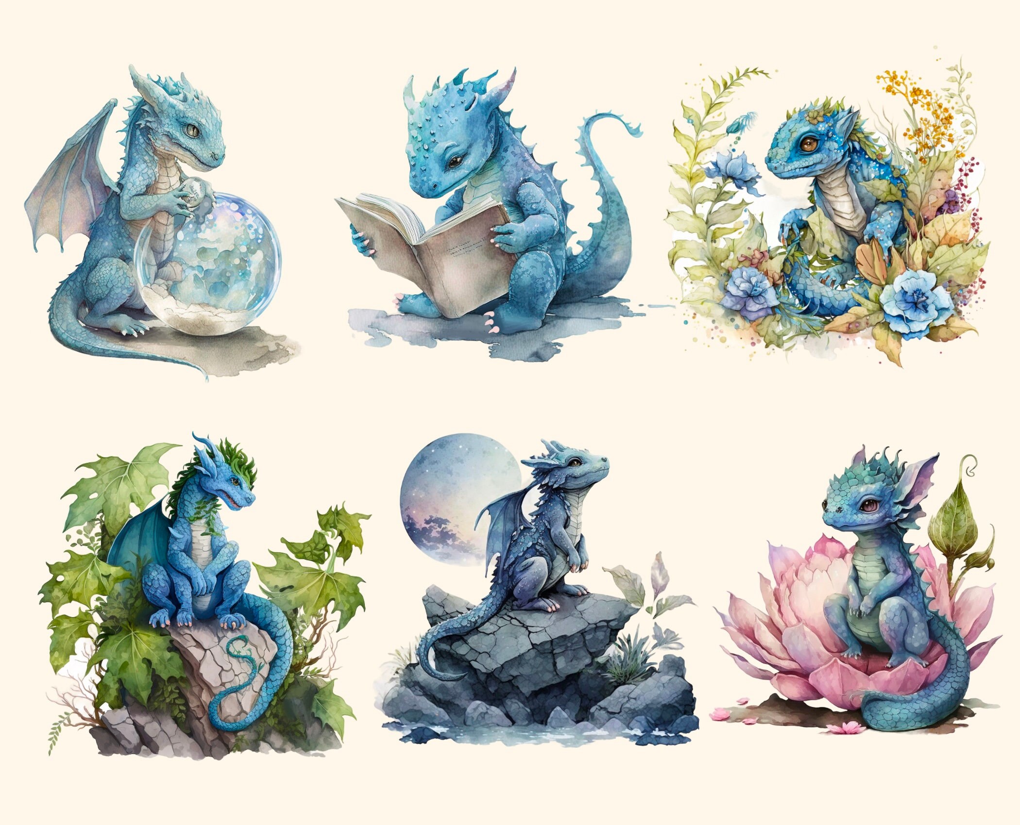 Baby Dragons Clipart Watercolor Png Cute Blue Baby Dragon - Etsy