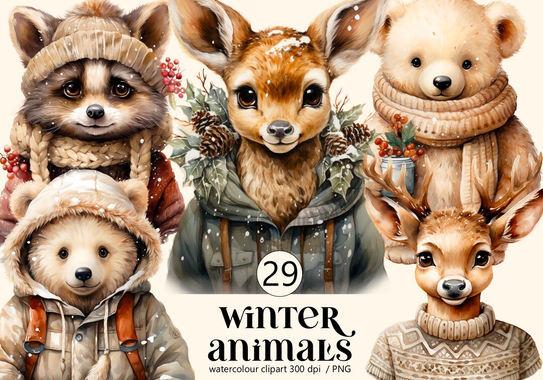Winter Animals, Christmas Watercolour Clipart, Holiday, Santa, New Year ...