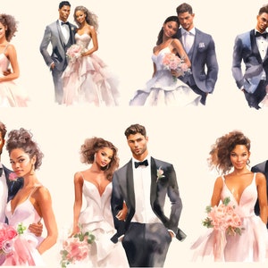 Wedding, Black Bride and Groom Clipart Watercolor, Mixed Race Digital ...