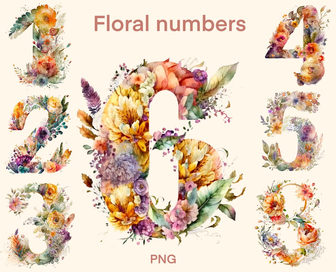 Floral Numbers Watercolor Clipart, Digital Print, Illustration Set ...