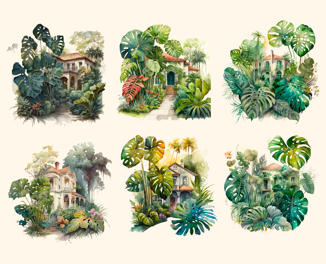House Overgrown With Monstera Clipart Watercolor Home Flowers - Etsy