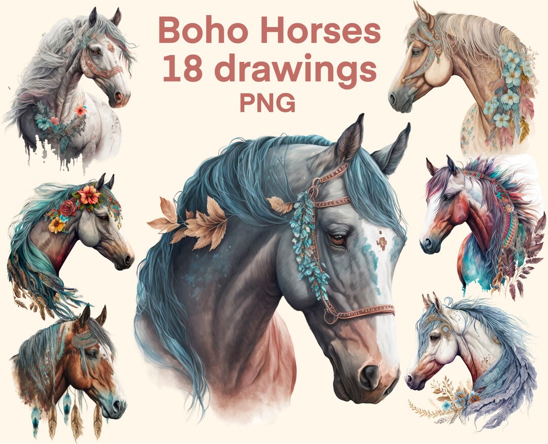 Boho Horses Clipart Watercolor Png, Digital Print, Illustration Set ...