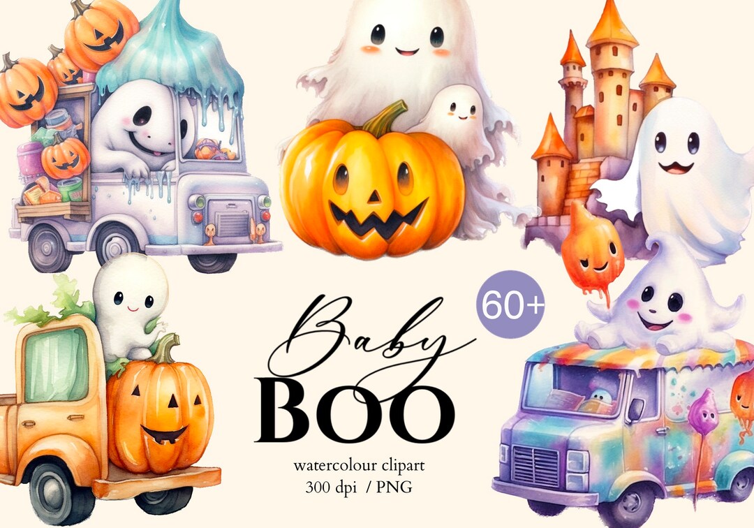 Halloween, Cute Baby Ghost, Kawaii Ghost Clipart Watercolor Png ...