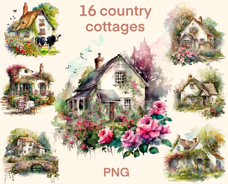 Country Cottages Clipart Watercolor Digital Print - Etsy