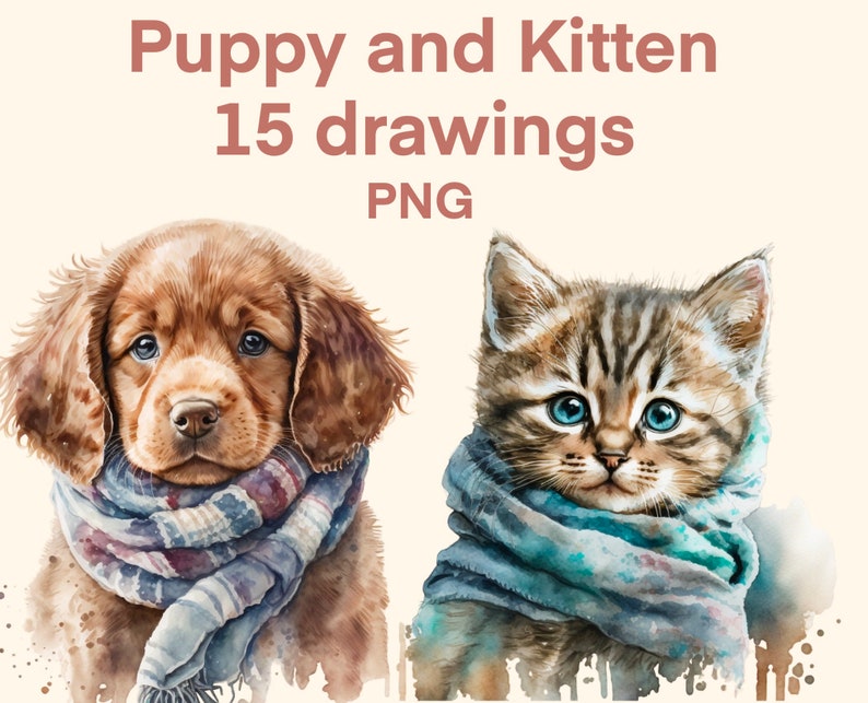 Puppy and Kittens Watercolor Clipart Png Cute Dog Digital - Etsy