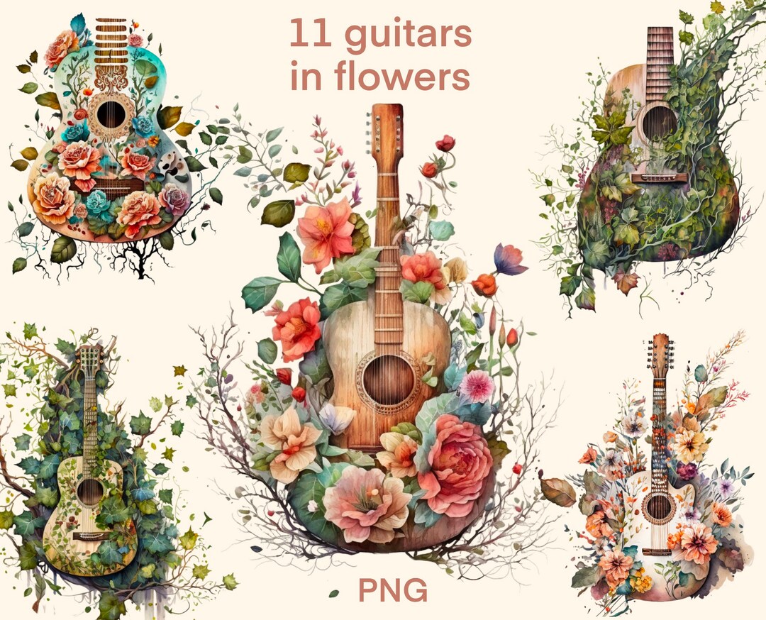 Floral Guitars Clipart Watercolor Png, Cute Guitar Digital Print ...