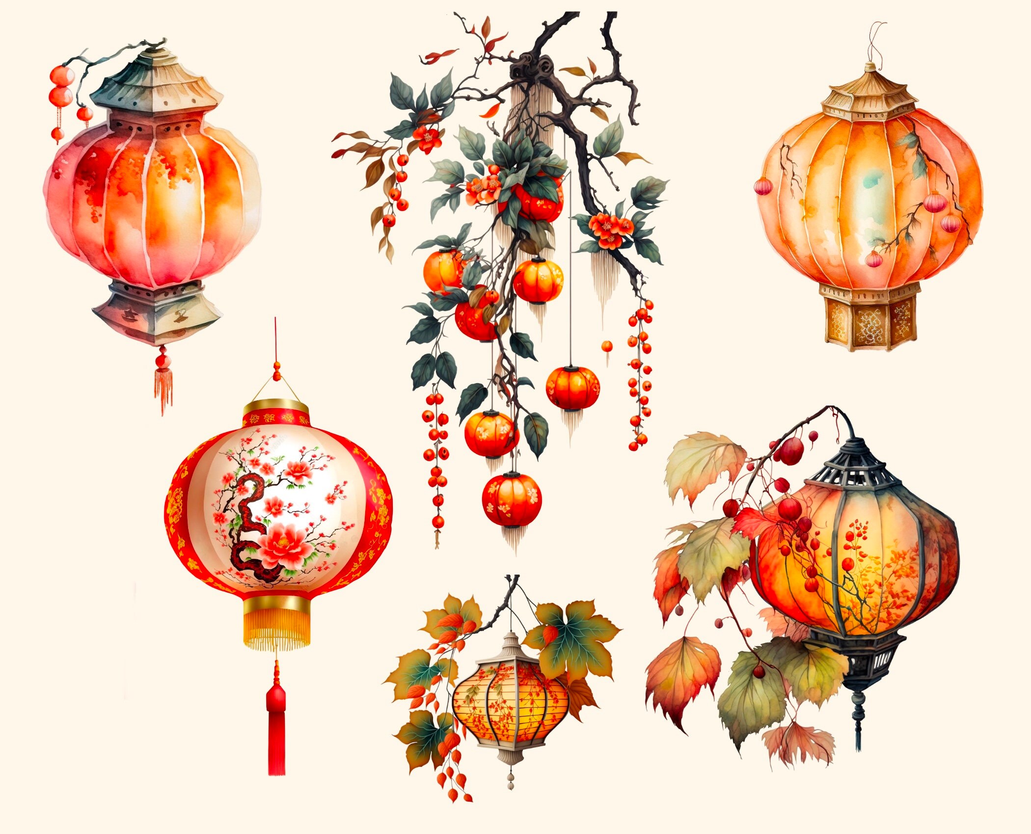 Chinese Lanterns Watercolor Clipart Png Digital Print - Etsy