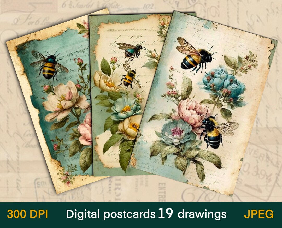 Bees Digital Cards, Journal Cards, Vintage Postcards Print, Digital ...