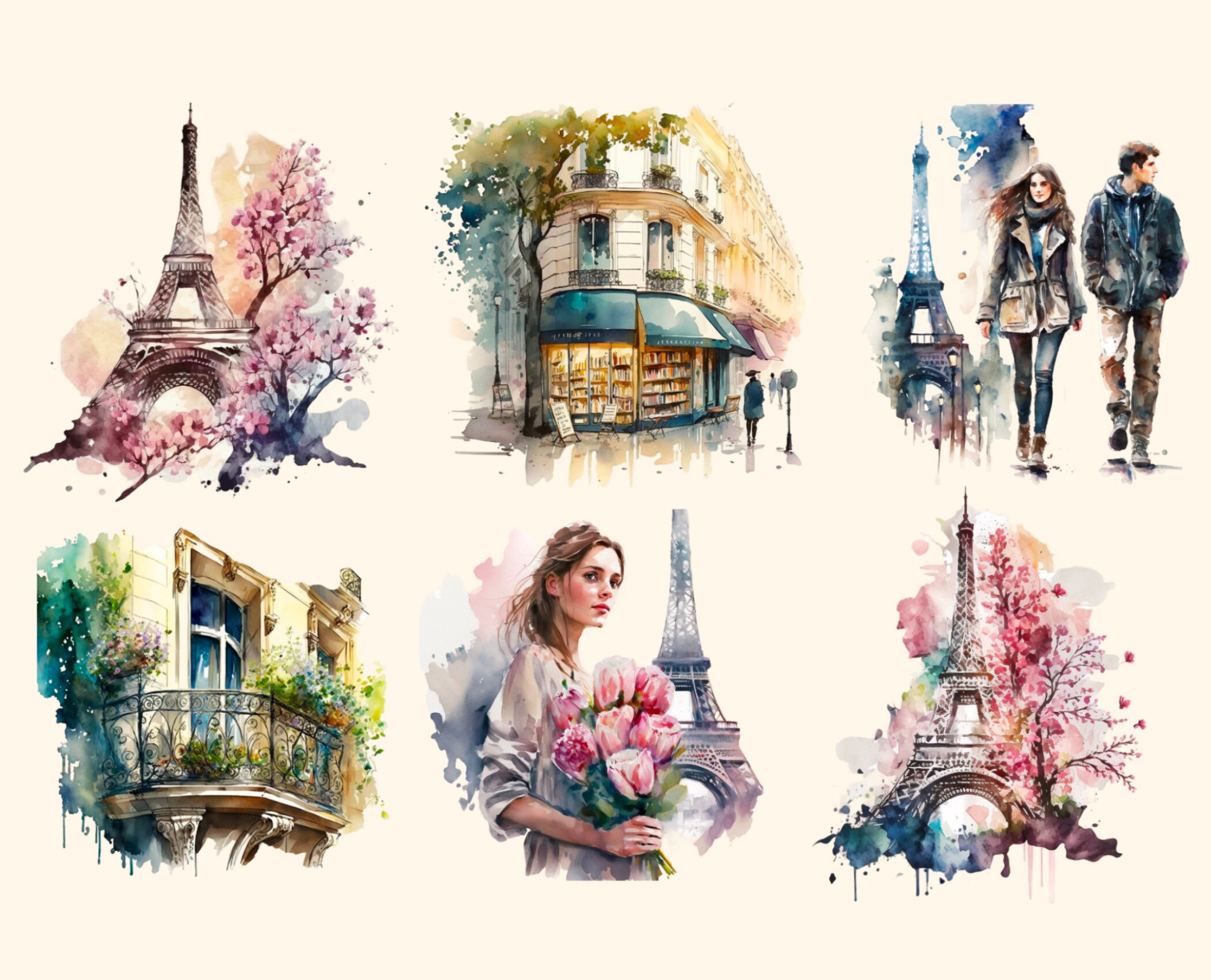 Paris Clipart Watercolor Digital Print Paris Doodles - Etsy