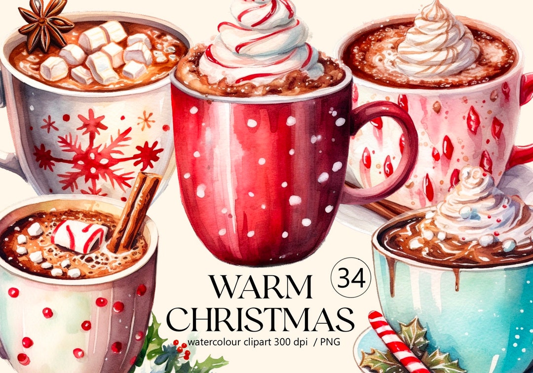 Warm Christmas Watercolour Clipart, Hot Cup of Cocoa Collection Digital ...
