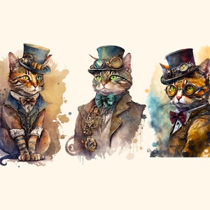 Steampunk Cats Clipart Watercolor Png, Digital Print, Illustration Set ...