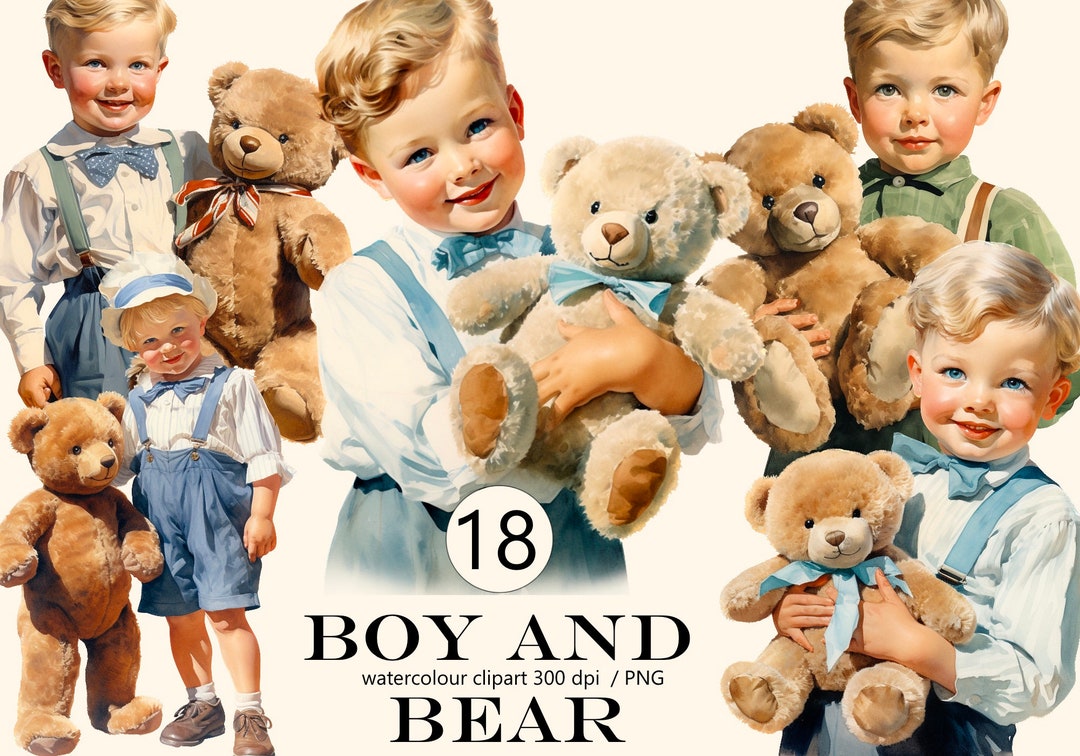 Retro Boy and Bear Little Baby, Victorian Boy Watercolor Clipart ...