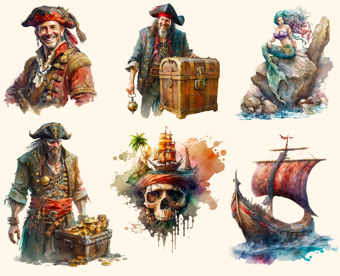 Pirates Clipart Watercolor Png Digital Print Pirate Treasure - Etsy