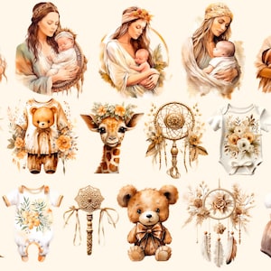 Boho Baby Girl, Watercolor Clipart, Newborn Children PNG, Nursery Decor ...