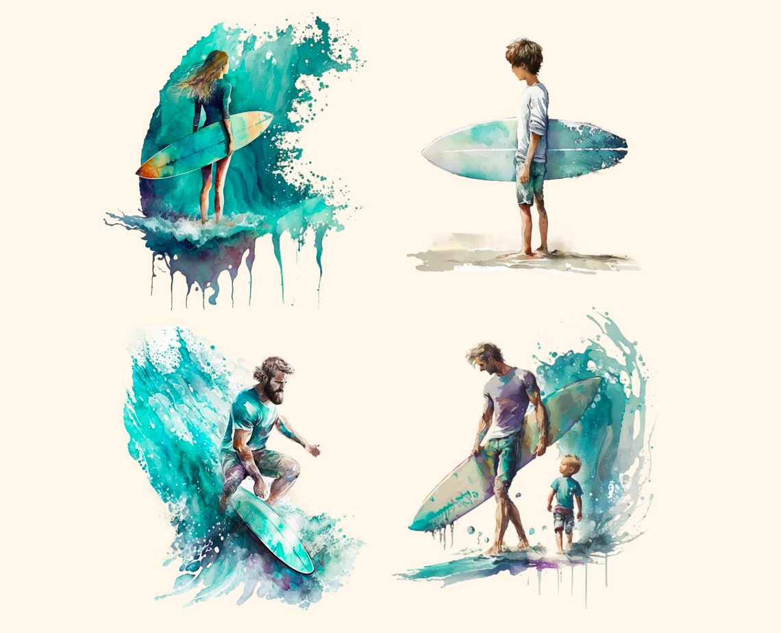 Surfing Watercolor Clipart Beach Digital Sublimation - Etsy