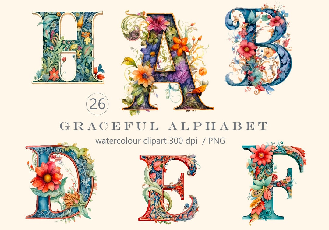 Graceful Alphabet Watercolor Png, 26 Floral Letters Clipart, Digital ...