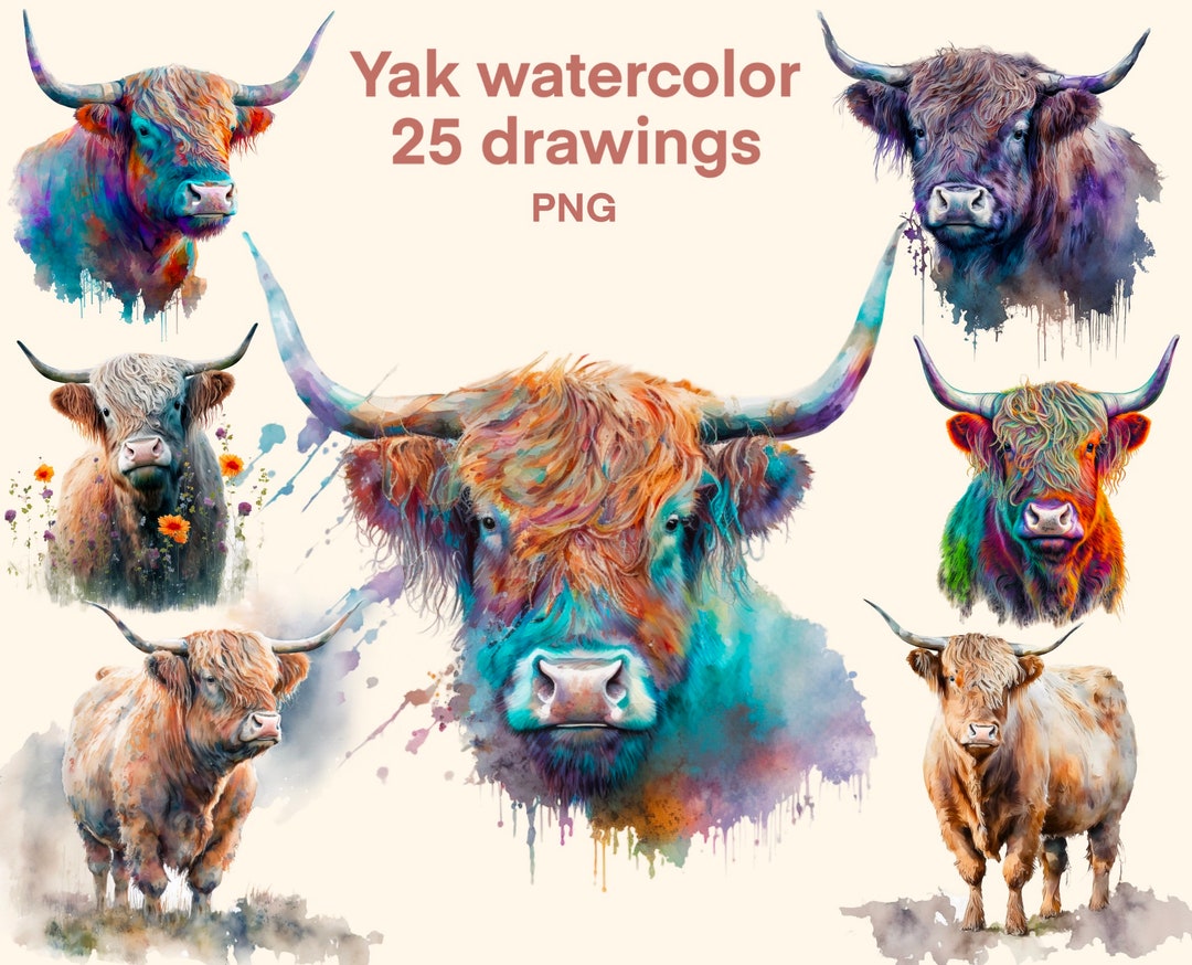 Yak Clipart Watercolor Png, Digital Print, Illustration Set, Stickers ...