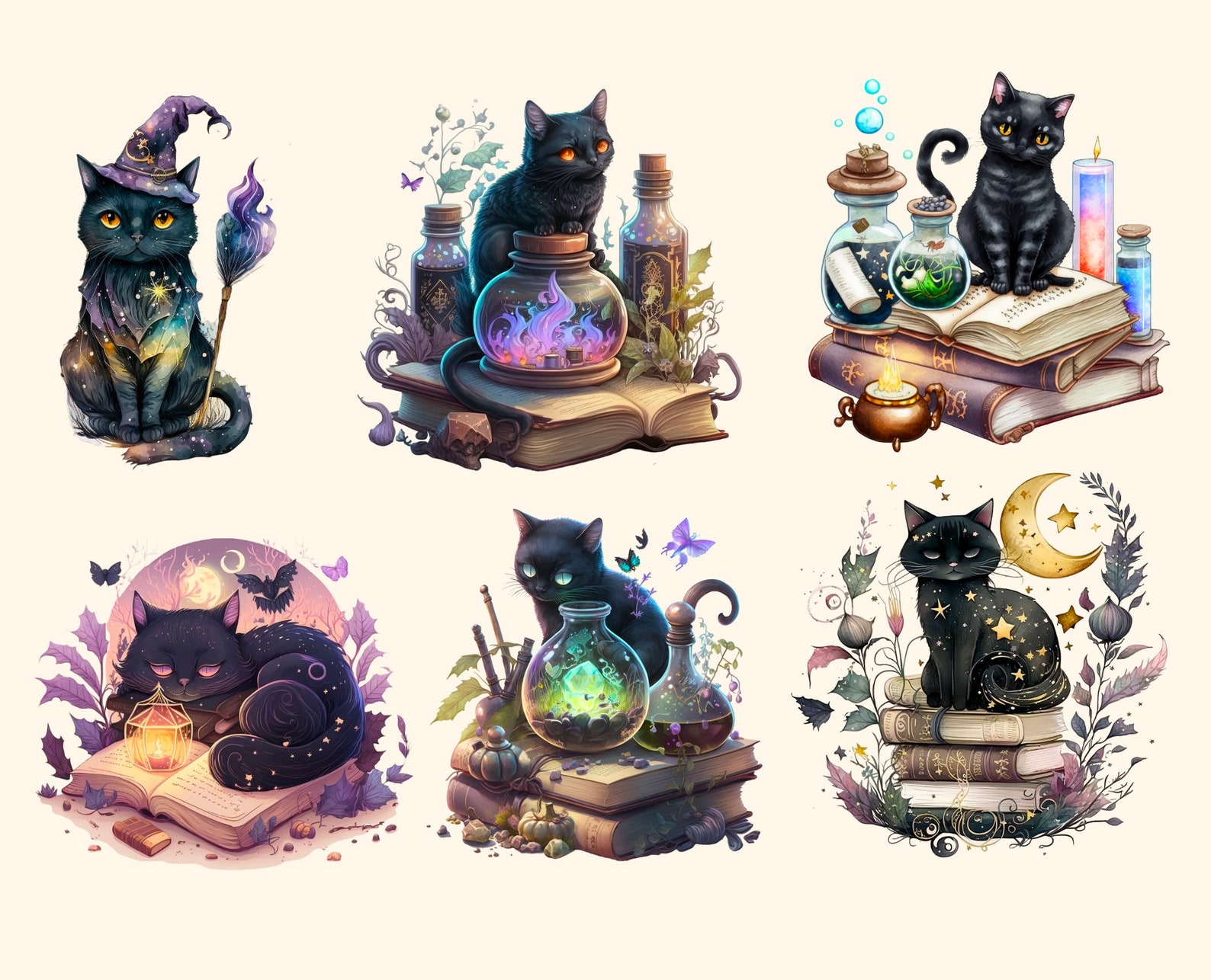 Witch Black Cats Clipart Watercolor Png Cute Digital Print - Etsy