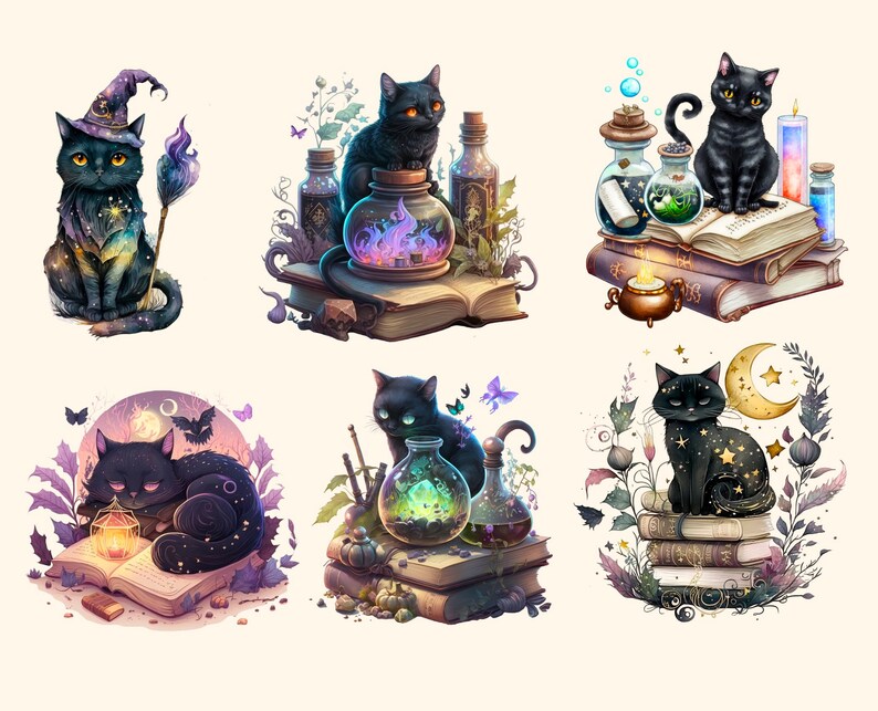 Witch Black Cats Clipart Watercolor Png Cute Digital Print - Etsy
