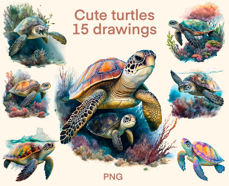 Cute Turtles Watercolor Clipart Undersea World Digital Print - Etsy