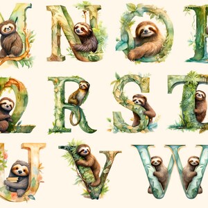 Alphabet and Numbers With Sloths, Animal Watercolor Png, 36 Floral ...