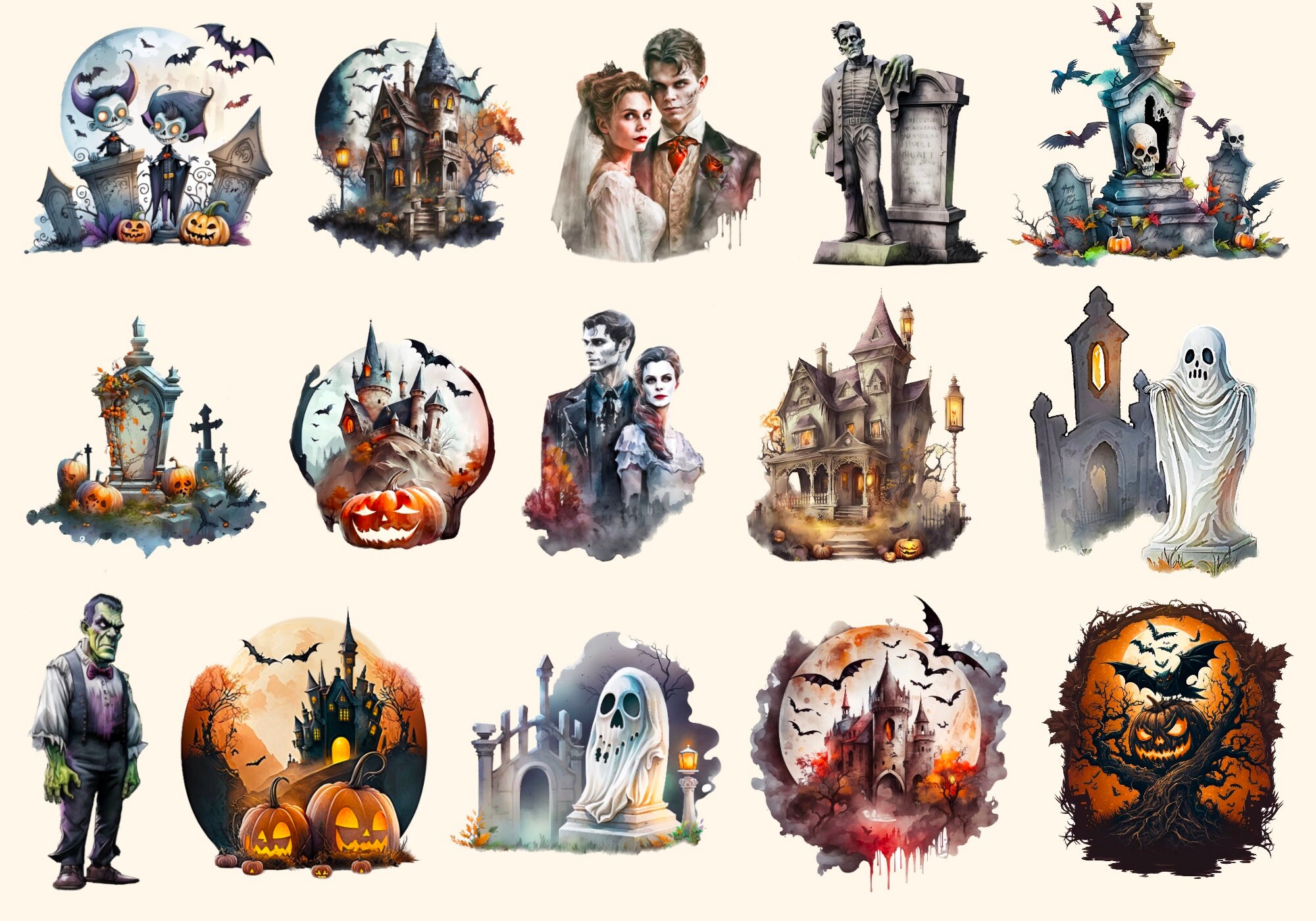 Halloween Clipart Watercolor Png Zombies Vampires Pumpkins - Etsy
