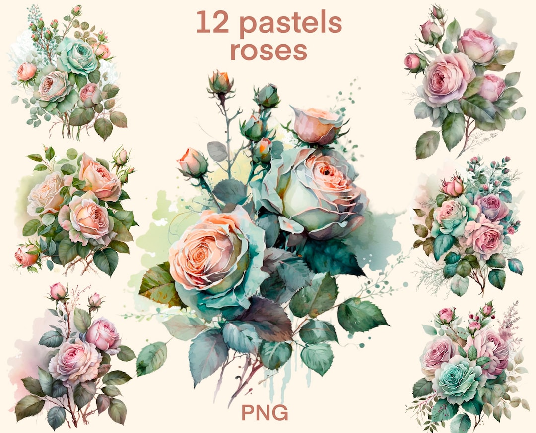 Pastels Roses Clipart Watercolor Png, Rose Digital Print, Illustration ...