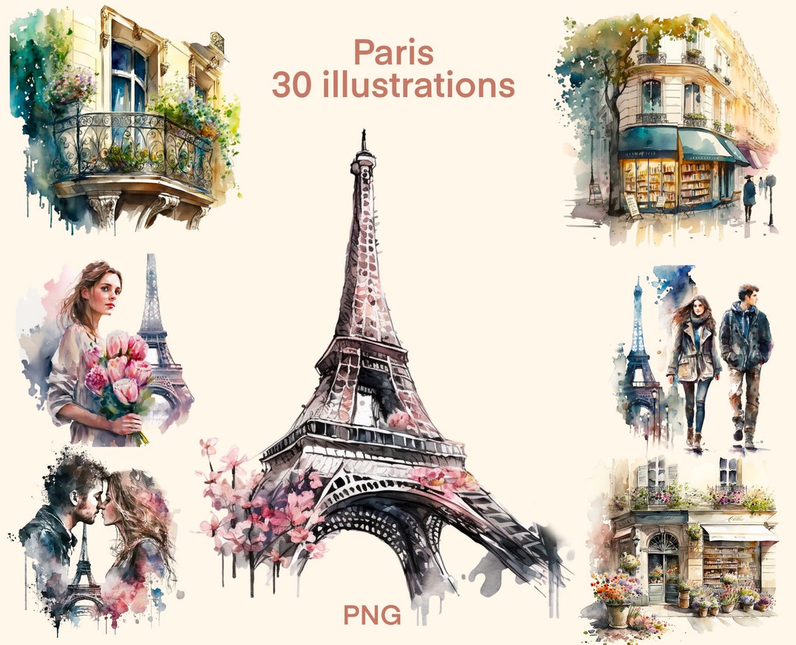 Paris Clipart Watercolor Digital Print Paris Doodles - Etsy