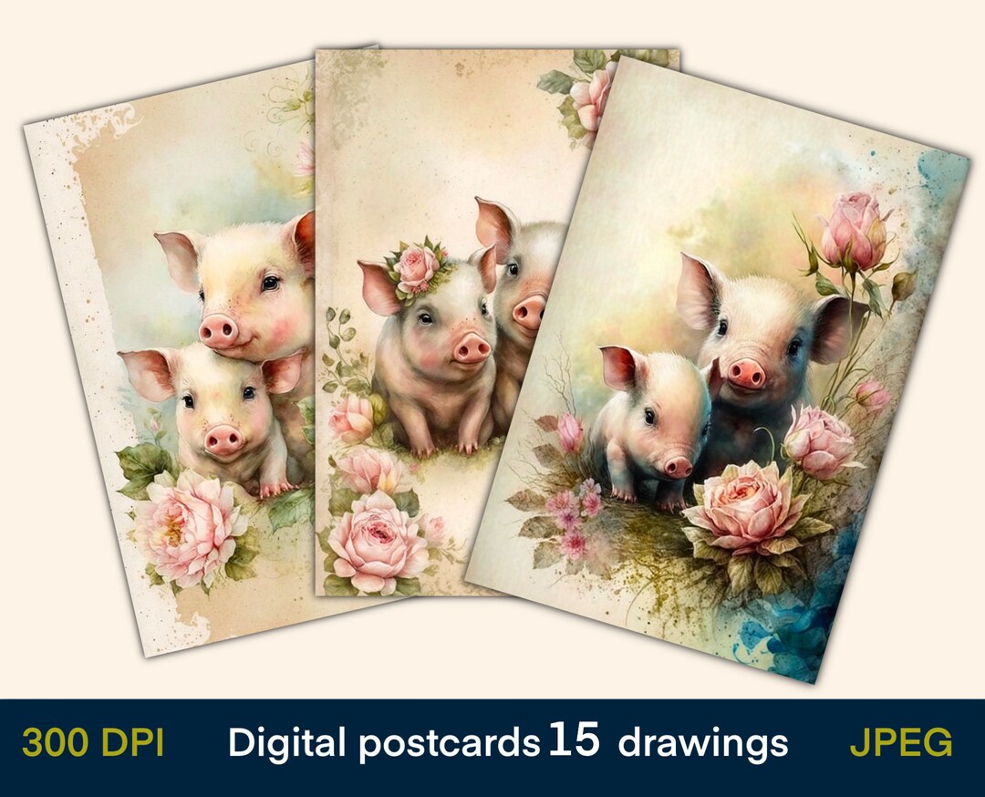 Cute Pigs Digital Cards, Journal Cards, Vintage Postcards Print ...