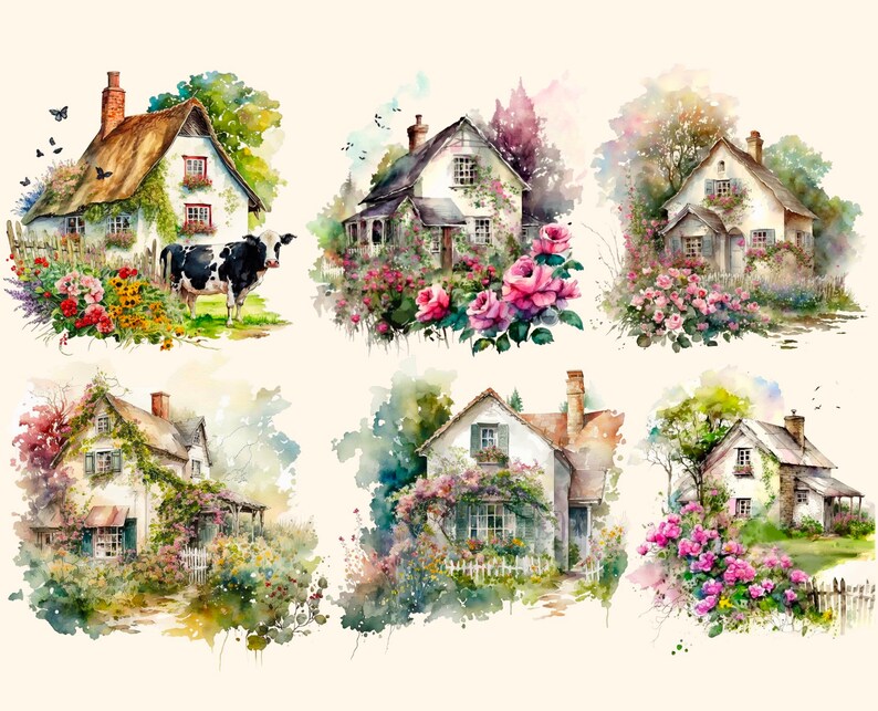 Country Cottages Clipart Watercolor Digital Print - Etsy