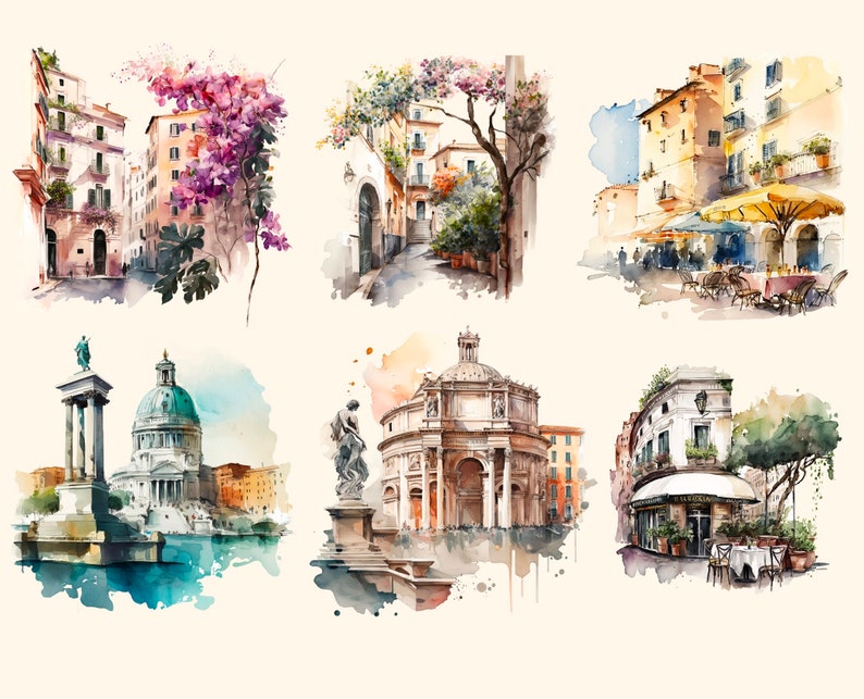 Rome Watercolor Clipart Italy Digital Print Coliseum - Etsy