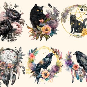 Black Cats and Ravens Clipart Watercolor Png, Cute Digital Print ...