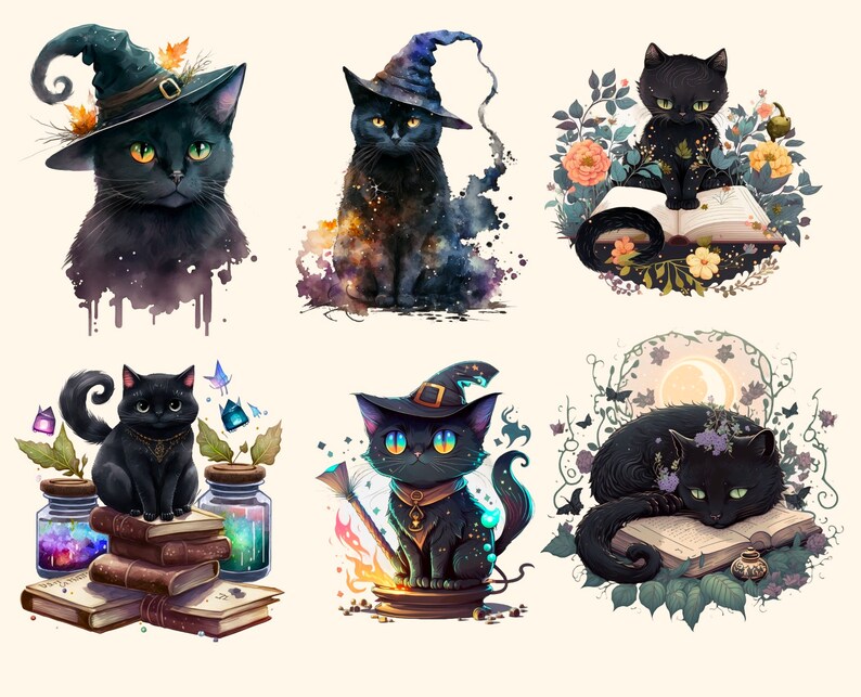 Witch Black Cats Clipart Watercolor Png Cute Digital Print - Etsy