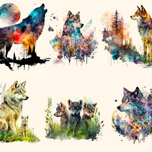 Watercolor Wolves Clipart, Illustration Set, Stickers, Scrapbook, Junk ...