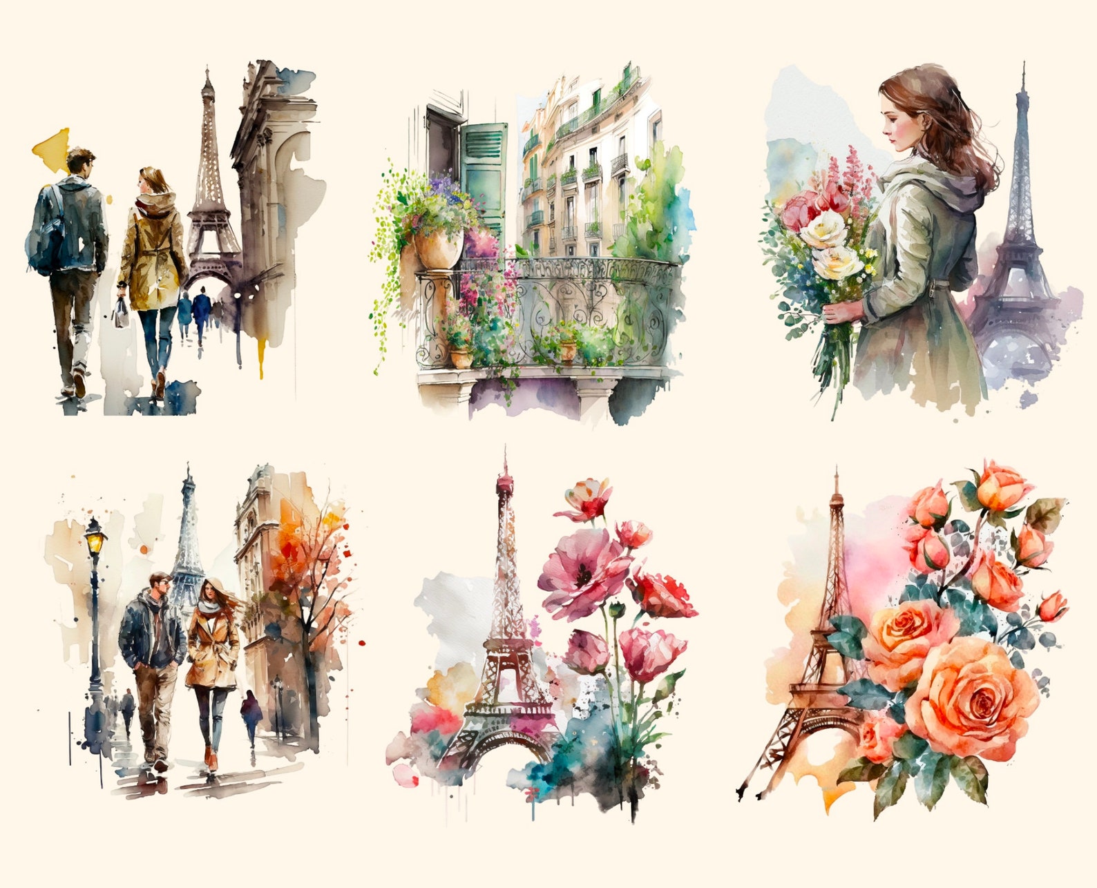 Paris Clipart Watercolor Digital Print Paris Doodles - Etsy