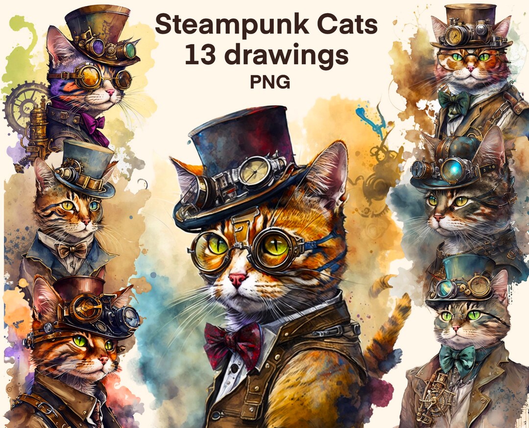Steampunk Cats Clipart Watercolor Png, Digital Print, Illustration Set ...