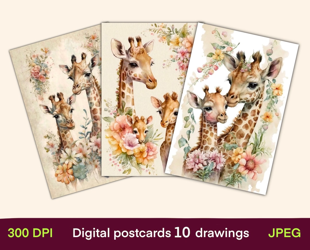 Giraffe Digital Cards, Journal Cards, Vintage Postcards Print, Digital ...