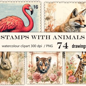 Stamps With Animals Watercolor Clipart, Vintage, Watercolor Stamps ...