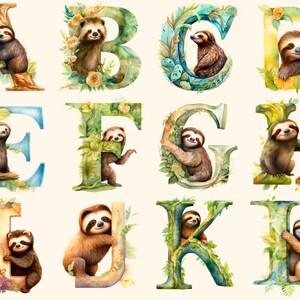 Alphabet and Numbers With Sloths, Animal Watercolor Png, 36 Floral ...