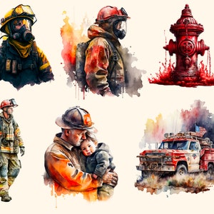Firefighters Clipart Watercolor, Illustration Set, Stickers, Scrapbook ...