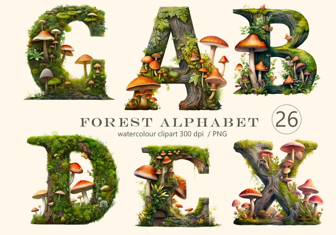 Forest Alphabet Watercolor Png, Alphabet With Mushrooms 26 Floral ...