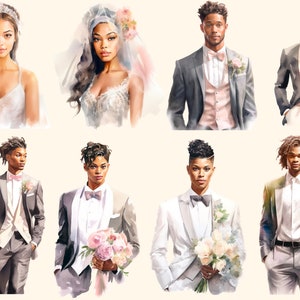 Wedding, Black Bride and Groom Clipart Watercolor, Mixed Race Digital ...