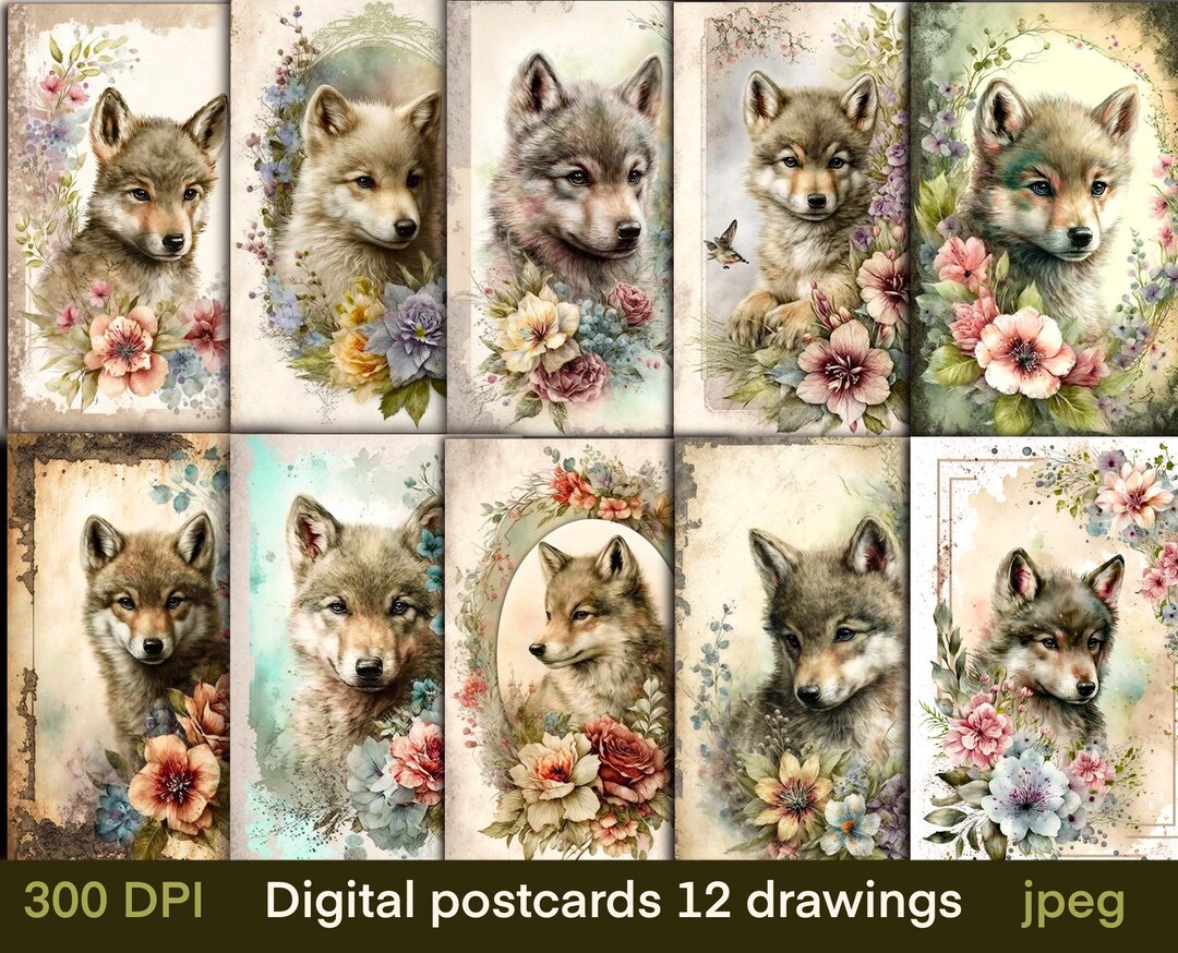 Wolves, Digital Cards, Journal Cards, Vintage Postcards Print, Digital ...