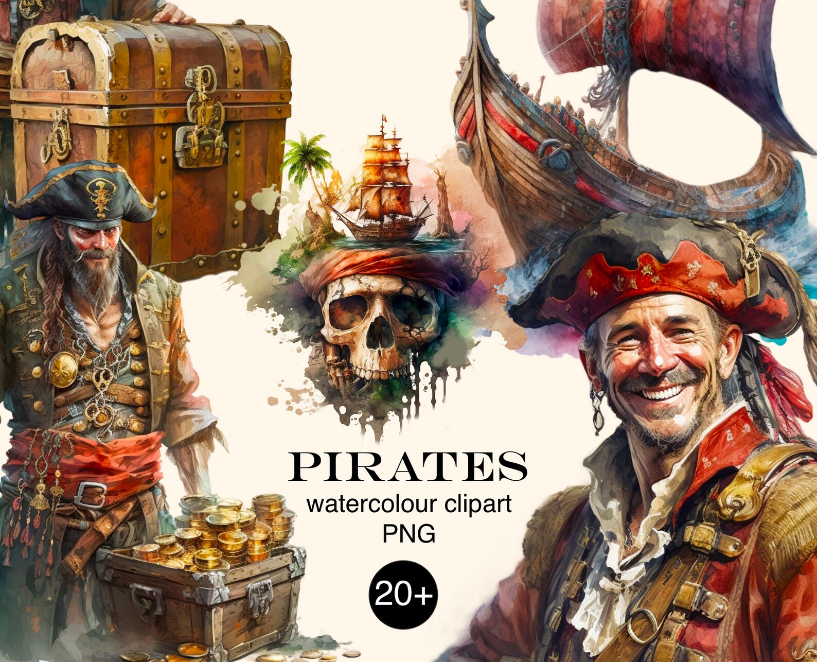 Pirates Clipart Watercolor Png Digital Print Pirate Treasure - Etsy