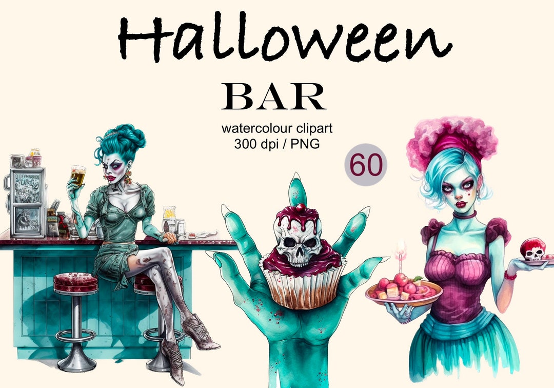 Halloween Bar Clipart Watercolor Png, Zombie Waitress Club, Halloween ...