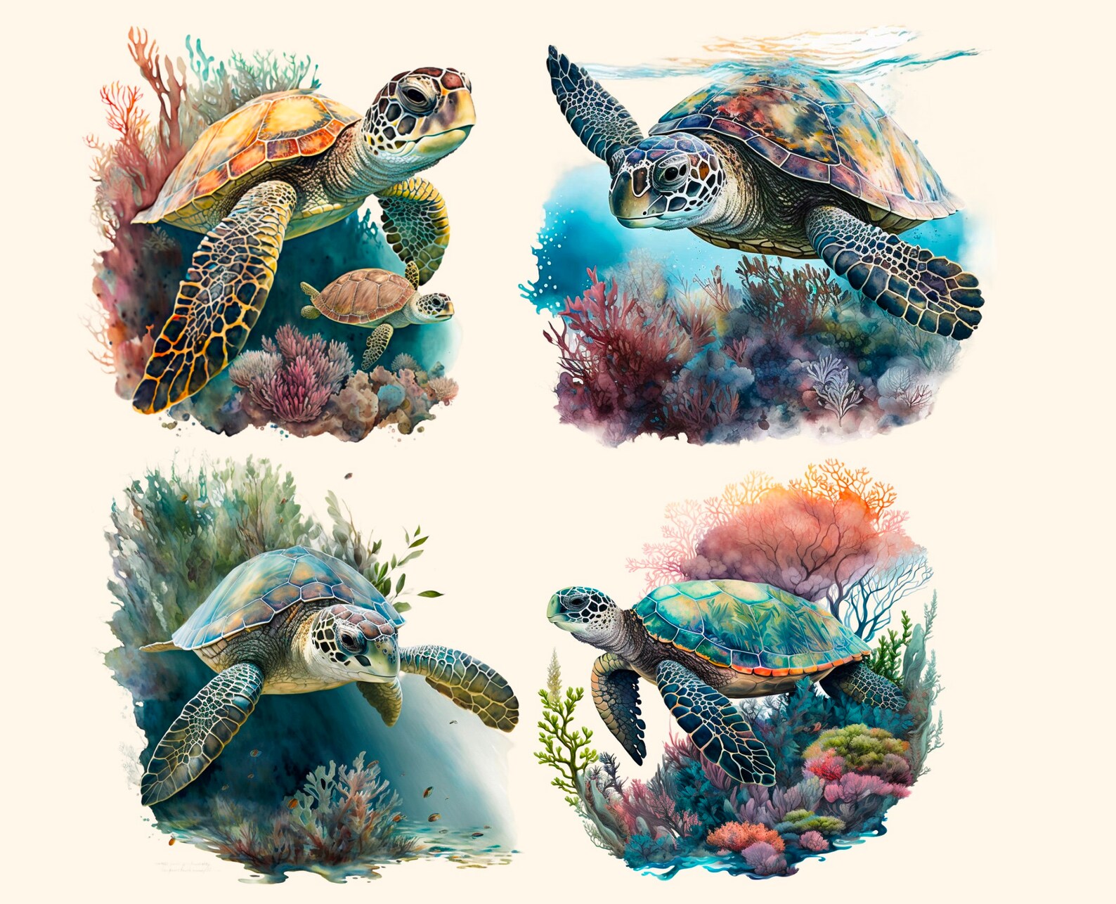 Cute Turtles Watercolor Clipart Undersea World Digital Print - Etsy