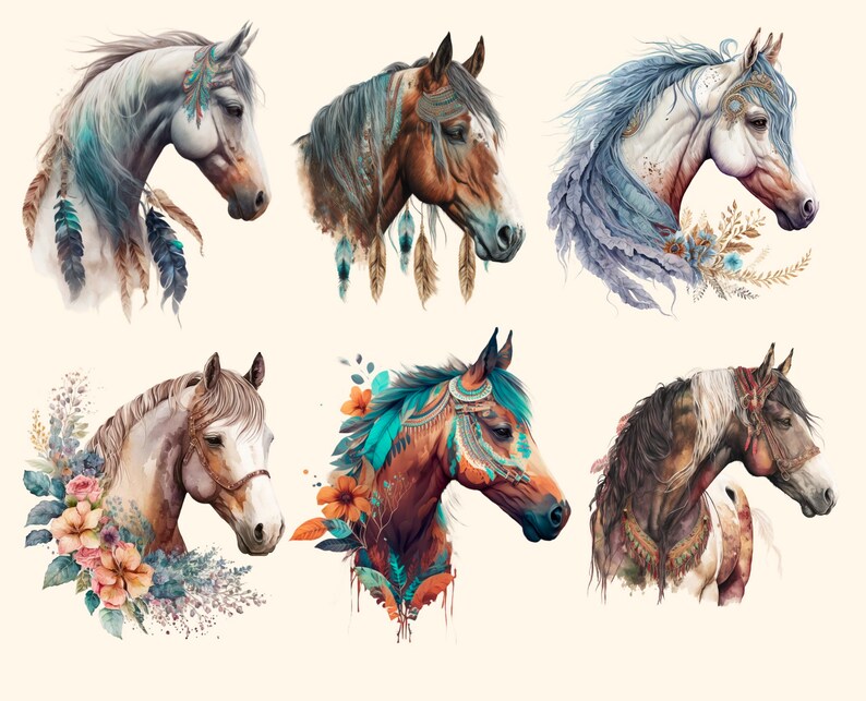 Boho Horses Clipart Watercolor Png Digital Print - Etsy