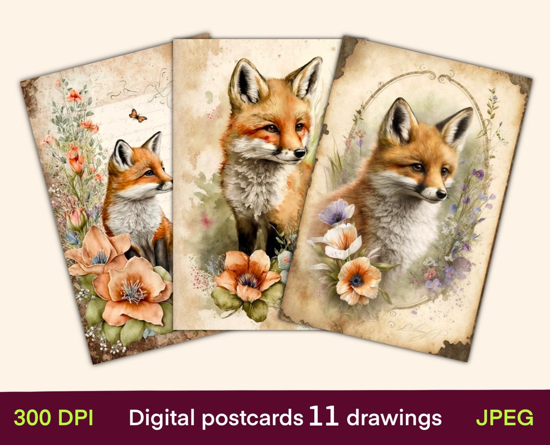 Fox Digital Cards, Journal Cards, Vintage Postcards Print, Digital ...